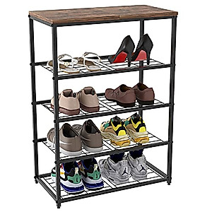 C&AHOME 5 Tier Metal Shoe Rack, 5 Tiers Shoe Rack, Storage Rack with 4 Metal Mesh Shelves and Top Board, Narrow Shoe Organizer for Closet Entryway, Free Standing Shoe Rack, Rustic Brown USRMW05RB