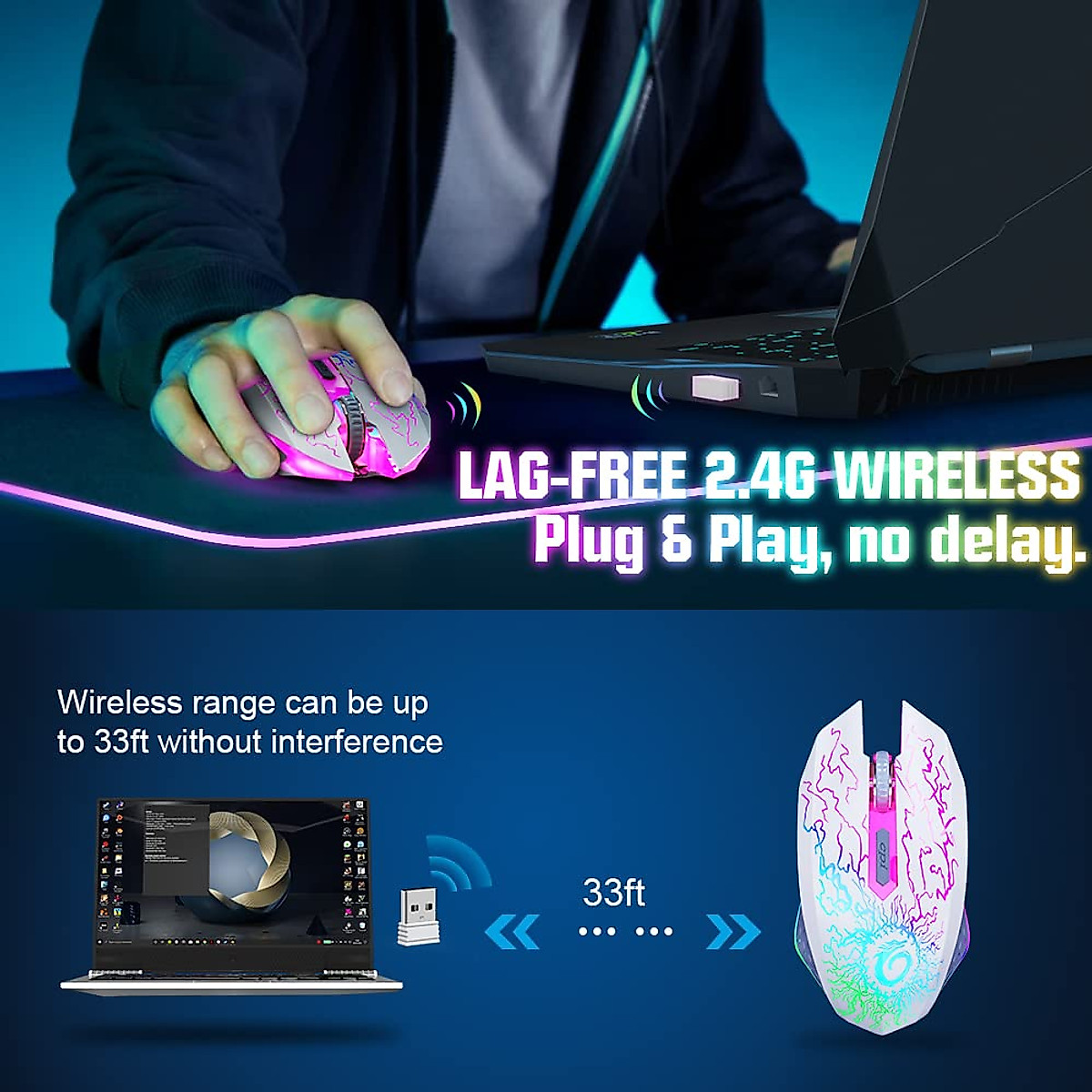 VersionTECH. Wireless Gaming Mouse, Rechargeable Computer Mouse Mice with Colorful LED Lights, Silent Click, 2.4G USB Nano Receiver, 3 Level DPI for PC Gamer Laptop Desktop Chromebook Mac-White