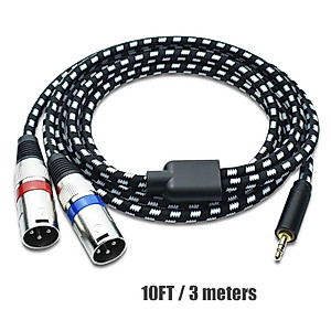 Mugteeve 3.5 mm to Dual XLR Male Y Splitter Cable, 10 Feet Stereo 1/8 Mini TRS Headphone Jack to L/R Double XLR Male Aux Cord, Noise Free, Nylon Braided, for Studio Monitor Speaker and Phones