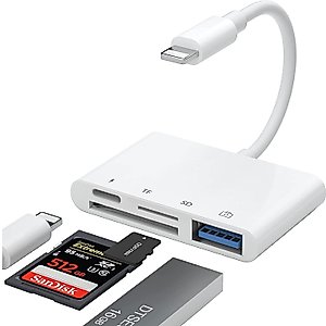 SD Card Reader Adapter for iPhone, Lightning to Camera Memory Card Reader, 4 in 1 iPhone Card Reader USB Camera Adapter, Lightning USB OTG Adapter TF Card Reader for iPhone 14/13/12/11/X/8/7/iPad