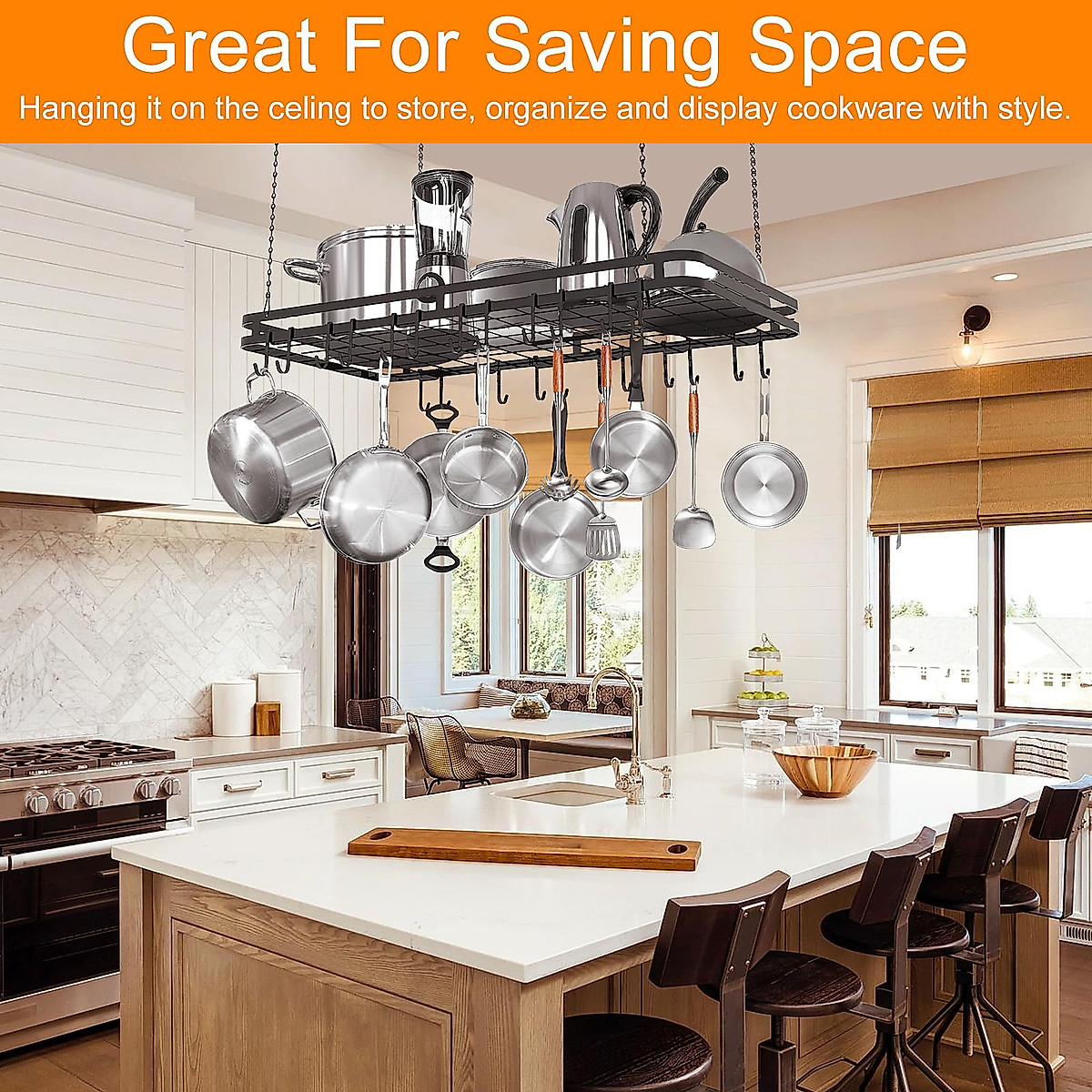 Amtiw 30 Inches Ceiling Pot Rack and Pan Rack for Ceiling with 12 Hooks, Storage Rack Multi-Purpose Organizer for Kitchen Organization, Home, Restaurant, Kitchen Cookware