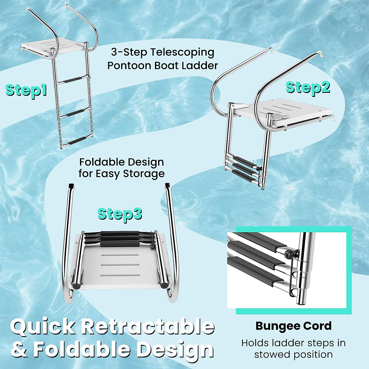 Goplus 3-Step Swim Platform Boat Ladder, Telescoping Folding Dock Ladder w/Handrails, 3 Anti-Slip Footsteps, 500LBS Stainless Steel Boarding Ladder for Pontoons Boats Yachts