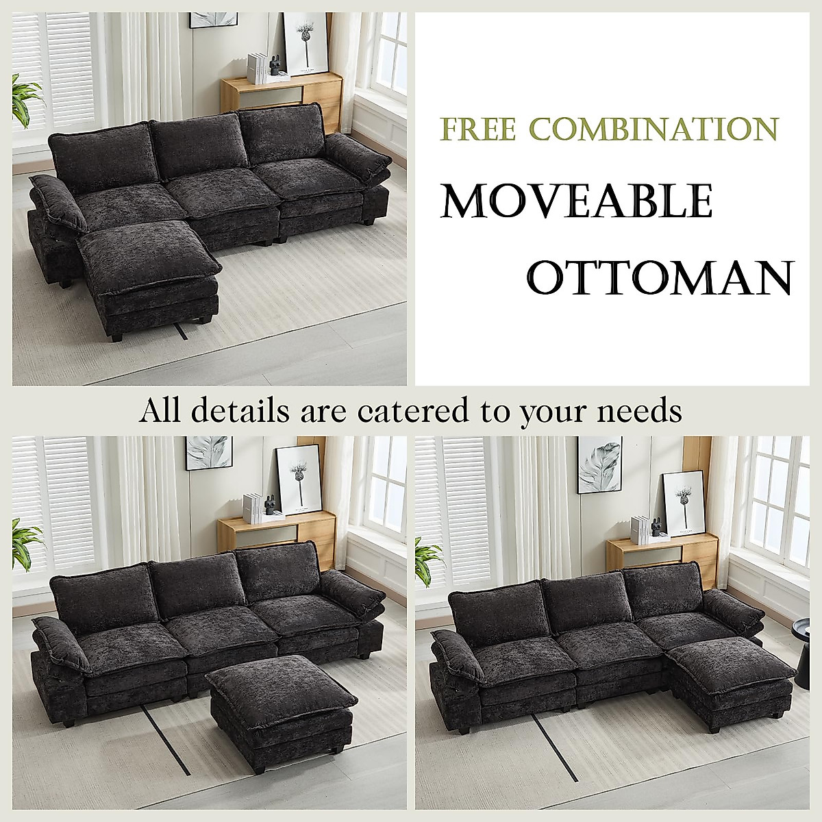 DRMBOOK 108.7'' Convertible Sectional Sofa Couch, Modern L-Shaped Modular Cloud Couches with Adjustable Armrest, 3 Seat Upholstered Sofa Set with Ottoman for Living Room Apartment Office, Black