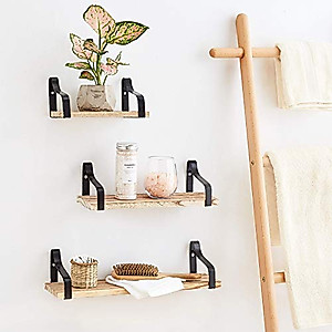 Coral Flower Set-of-3 Wall-Mounted Floating Shelves for Bedroom, Living Room, Bathroom, Kitchen, Office and More, 17inch, Natural Paulownia wood + Iron, Espresso 1