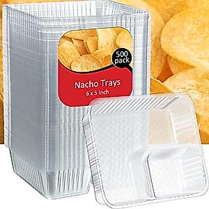 500 Pcs Nacho Trays Disposable 2 Compartment Food Tray Concession Stand Supplies Clear Plastic Cheese Dip and Chip Holder for Candy Kids School Carnival Party (6 x 5 x 1.5 Inch)