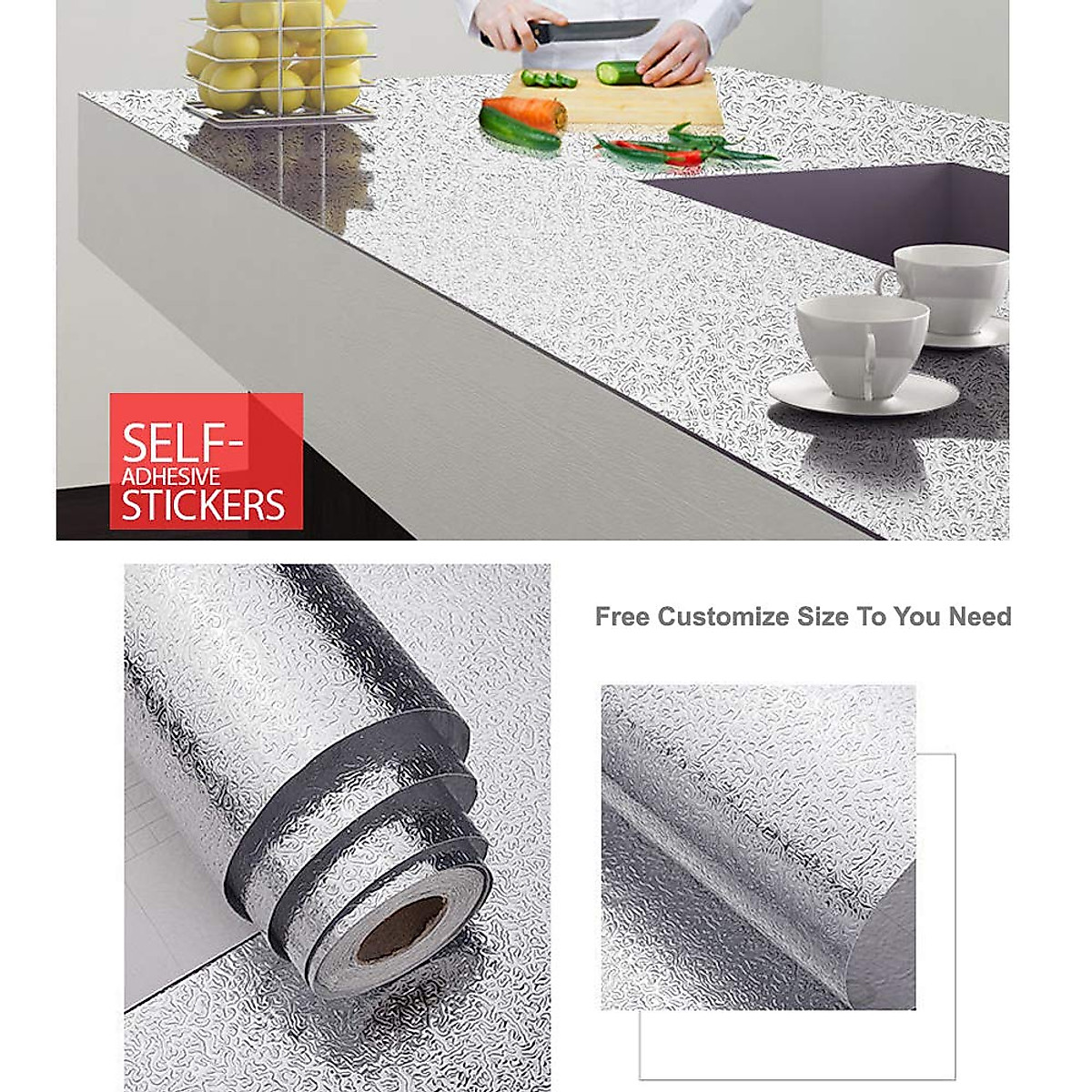 CYHOMELIFE Self Adhesive Shelf Liner Drawer Liner,Kitchen Backsplash Wallpaper Peel and Stick Aluminum Foil Contact Paper Self Adhesive Oil-Proof Heat Resistant Wall Sticker for Countertop Drawer