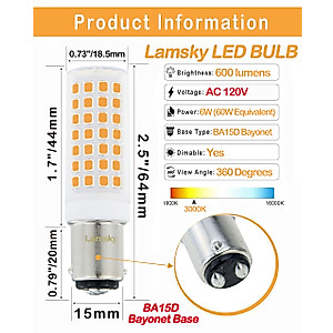 Lamsky BA15D Led Bulbs 6W Dimmable 120V,B15 Double Contact Bayonet Base,Soft Warm White 3000K,60W JD Type T3/T4 Halogen Equivalent Replaces for Pendants Ceiling Fans Sewing Machine Light(6-Pack)