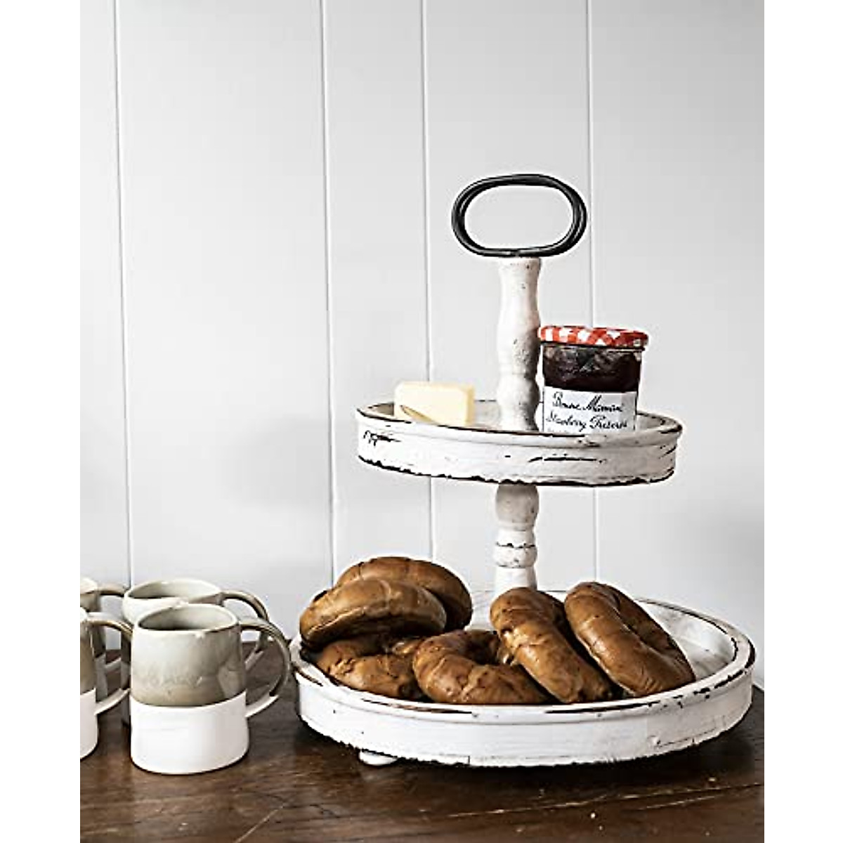 Creative Co-op EC0125 Distressed Wood 2-Tier Tray with Metal Handle, Cream