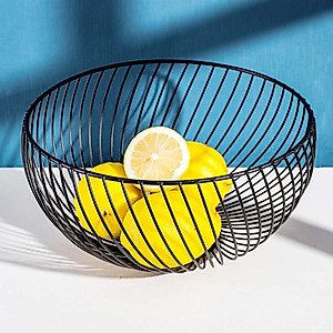 7UYUU Fruit Basket for Kitchen | Wire Fruit Basket Holder for Lemon, Potato, Onion | Black Counter Decorative Fruit Bowl - 10.2 In (Round B)