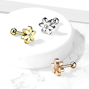 Amelia Fashion 16GA Flower with CZ Solitaire 316L Surgical Steel Cartilage, Tragus Barbell Studs (Steel/Clear)