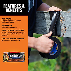 Gorilla All Weather Outdoor Waterproof Duct Tape, UV and Temperature Resistant, 1.88" x 25 yd, Black, (Pack of 1)