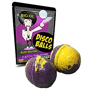 Disco Balls Bath Bombs - Funny 70s Disco Design - XL Bath Fizzers for Men and Women - Purple and Yellow marbled, Handcrafted, 2 pk