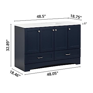 Spring Mill Cabinets Emlyn 48 Inch Bathroom Vanity with White Single Sink Top, 3 Cabinets, 2 Shelves, 2 Drawers, 48.5" W x 18.75" D x 32.89" H, Deep Blue