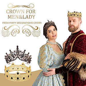 Ferraycle 2 Pcs Crowns for Men Women King Royal Crown with Black Rhinestone Crystal Queen Royal Round Crown Halloween Medieval Princess Costume for Wedding Homecoming Prom Party Decorations