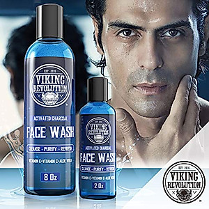 Viking Revolution Charcoal Face Wash for Men- Scrub Away Dirt and Toxins, Skin Cleaning Agent - Cleanse, Purify and Refresh - Daily Charcoal Facial Cleanser - 8 Fl Oz plus a 2 Fl Oz, 2 Piece Set
