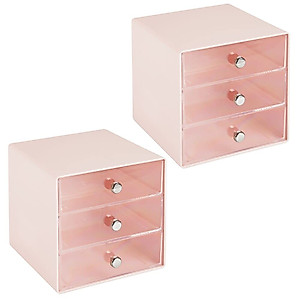 mDesign Plastic 3 Drawer Cosmetic Organizer - Stackable Storage Cube with Pull-Out Drawers for Bathroom Countertop, Vanity, Desk - Makeup Storage Drawers, Lumiere Collection, 2 Pack, Light Pink/Clear