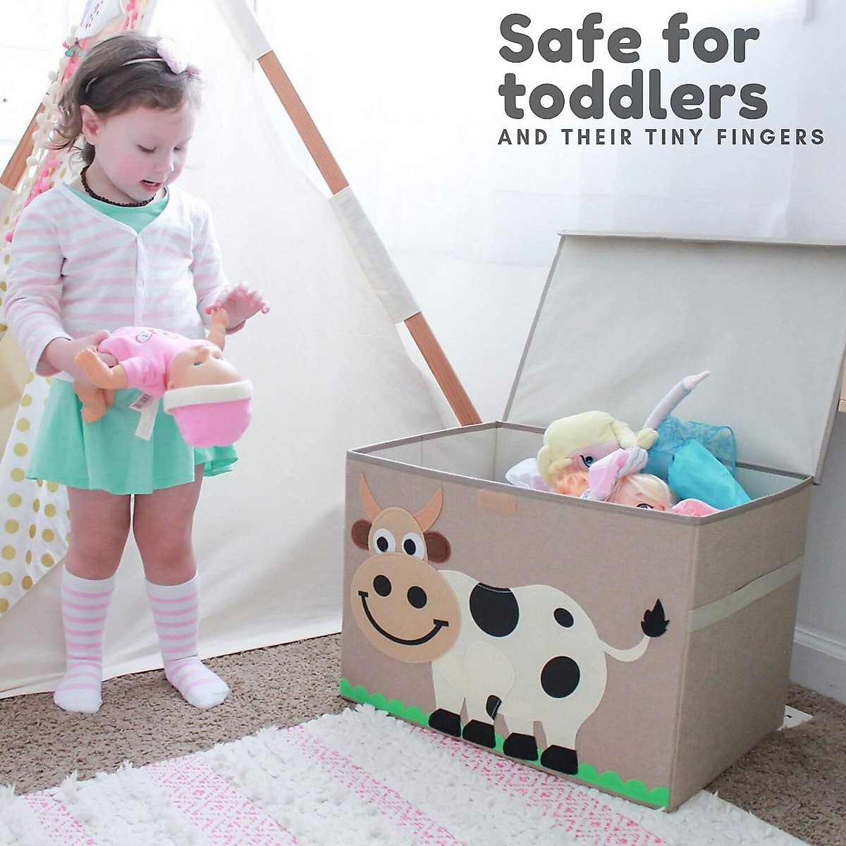 Hurricane Tots Large Toy Chest. Canvas Soft Fabric Children Toy Storage Bin Basket with Flip-top Lid. Collapsible Gray Toy Box for Kids, Boys, Girls, Toddler and Baby Nursery Room