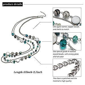 Noessla Layered Long Necklaces for Women Crystal Beaded Statement Necklace Sweater Silver Chain with Gifts Box Jewelry(Green)