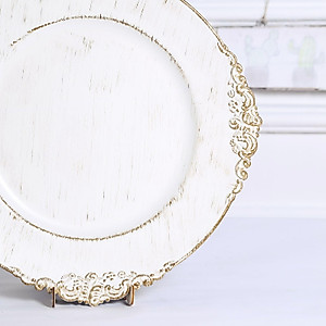 Tableclothsfactory 6 Pack White 13" Round Baroque Charger Plates Leaf Embossed Antique Gold Rim for Tabletop Decor Catering Event