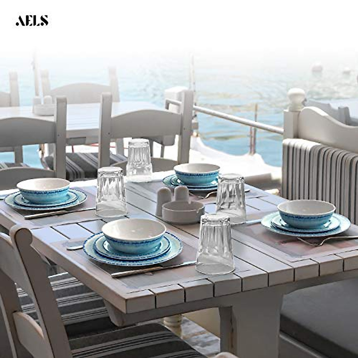 AELS Melamine Dinnerware Set of 12 Pcs Dinner Dishes Set for Indoor and Outdoor Use, Dishwasher Safe, Lightweight Unbreakable, BPA Free, Light Blue