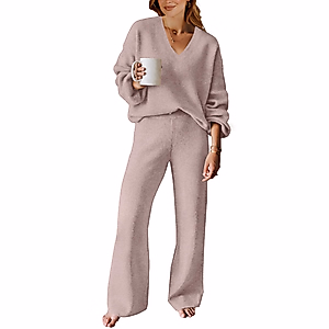 ANRABESS Women 2 Piece Outfits Sweater Lounge Sets Long Sleeve Cable Knit Pullover and Wide Leg Pants Tracksuit Matching Set Large