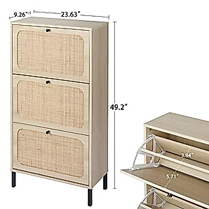 Rattan 3-Drawer Shoe Cabinet Rustic Freestanding Shoe Rack Organizer Wooden Entryway Narrow Shoe Storage Cabinet w/Natural Rattan Flip Doors for Closet Hallway Small Space(1 Pack-Natural)