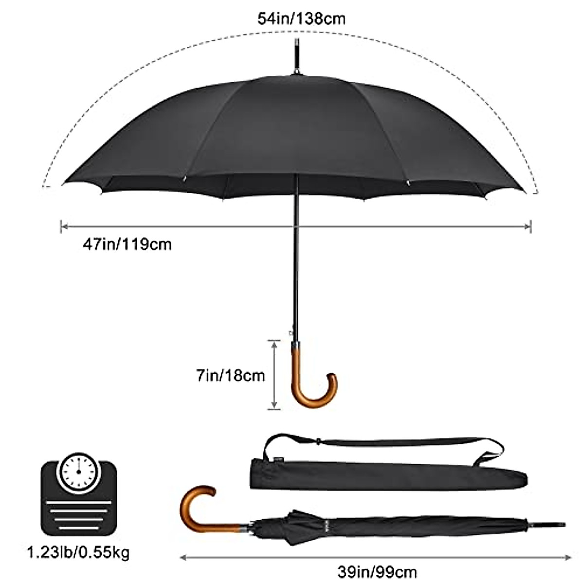G4Free Wooden J Handle Umbrella 54 Inch Large Auto Open Classic Windproof Rain Stick Umbrellas for Men Women (Black)