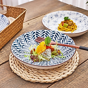 Swuut Ceramic Pasta Bowls Set,Blue and White 8 inch Salad Bowl Floral Dinner Shallow Plates Set of 4, Serving Bread Appetizer Dessert Snack (8 Inch)