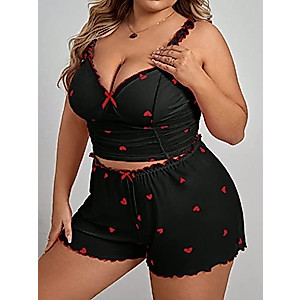 SOLY HUX Women's Plus Size Heart Print Mesh Pajama Set Cami Top and Shorts Lounge Sleepwear Black Heart 5XL