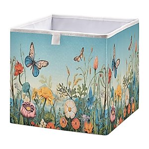 Haskirky Colorful Flowers Butterfly Foldable Collapsible Storage Box Bins,11x11x11 Inch Cubes Baskets Fabric Storage Bins with Handles for Shelves Nursery Closet Home Decor