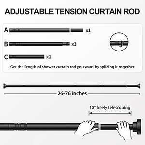 Ausemku Shower Curtain Rod Tension - 40-72 Inch Never Rust Non-Slip Spring Tension Curtain Rod No Drilling Stainless Steel Curtain Rod Use Bathroom Kitchen（Black）