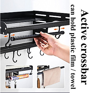 YYDSJFM Aluminum Microwave Oven Wall Mount Double Deck Shelf with Hooks,Kitchen Organizer Storage Holder Oven Bracket Wall Mounted Thickened (Black)