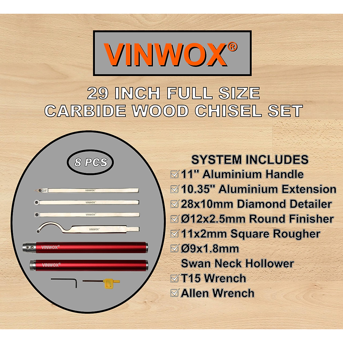 VINWOX 8 PCS Carbide Wood Lathe Turning Tool Set, Carbide Lathe Turning Tool, Including Swan Neck Hollower, Rougher, Finisher, Detailer, Pen Turning tools, Aluminum Alloy Handles from 14" to 29"