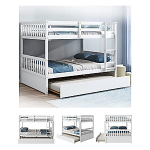 Tatub Full Over Full Bunk Bed with Trundle, Pine Wood Frame, Ladder and Guard Rails, Solid Bunk Bed with Trundle for Kids, Teens, Adults, No Box Spring Needed, Grey
