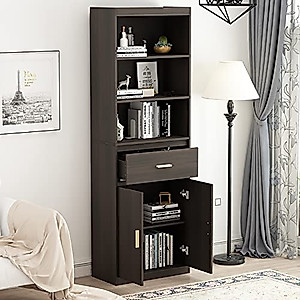 FUFU&GAGA Modern Bookcase Storage Cabinet, Tall Storage Wooden Bookshelf with 3 Tiers Shelf, 2 Doors & 1 Drawer for Home Office, Bedroom, Living Room, 23.6" W x 11.8" D x 70.8" H, Black-Brown