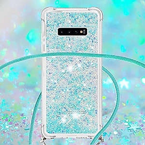 HOUSON for Samsung Galaxy S10 5G Case, Moving Liquid Holographic Sparkle Glitter Case with Crossbody Lanyard Strap, Girls Women Bling Diamond Ring Slim Protective Case for Galaxy S10 5G Blue