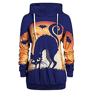 Women's Hoodies Sweatshirt Thenlian Womens Loos Cute Long Sleeve Halloween Pumpkin Bat/Cat Hooded Sweatshirt Tops(L, Blue)