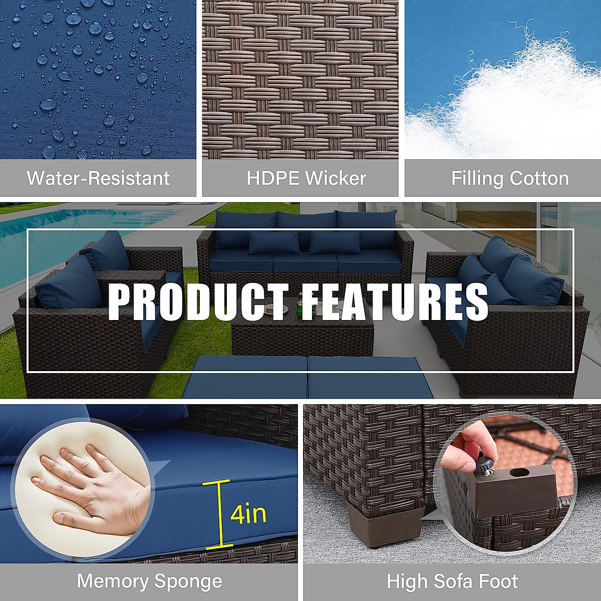 Patio Furniture Set Outdoor Patio Furniture with Storage Table Outdoor Couch Patio Chairs Outdoor 7-Piece Conversation Set with Non-Slip Cushions Waterproof Covers, Navy Blue