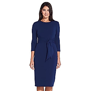Adrianna Papell Womens Knit Crepe Tie Waist Sheath Dress, Navy Sateen, 10 US