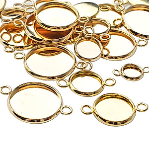 24pcs Gold Stainless Steel Cabochon Connectors Settings Round Blank Bezel Pendant Connector Trays Cabochon Pendant Bezel Blanks Links for DIY Jewelry Making,6 Sizes