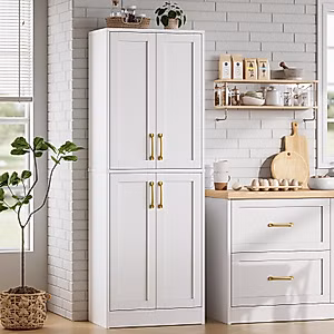 Homzbesy Pantry - Kitchen Pantry Cabinet with 4 Doors and Adjustable Shelves, Tall White Cabinet Freestanding Storage Cupboard for Dining Room Living Room, Laundry, Bathroom