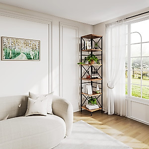 Buytime Corner Bookshelf, Corner Bookshelf for Living Room. 6-Tier Rustic Wooden Corner Bookshelf with Metal Frame, Corner Book Shelf, Tall Corner Shelf, Metal Corner Shelf