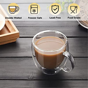 Mfacoy Double Wall Insulated Glasses Espresso Cups Set of 4, 5 oz Clear Coffee Cups with Handle, Espresso Shot Glasses, Suit for Espresso Machine, Latte, Cappuccino, Glass Coffee Mugs