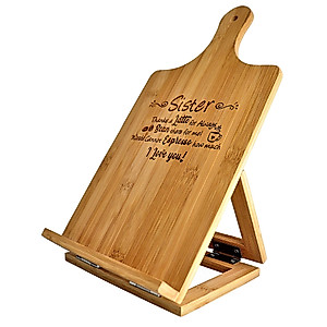 Sister Gift - Recipe Cookbook Holder Stand Custom Engraved Bamboo Cutting Board Foldable Chef Easel Metal Hinges Kickstand iPad Tablet Compatible Christmas Birthday Kitchen Decor Design (7.25x13.5)