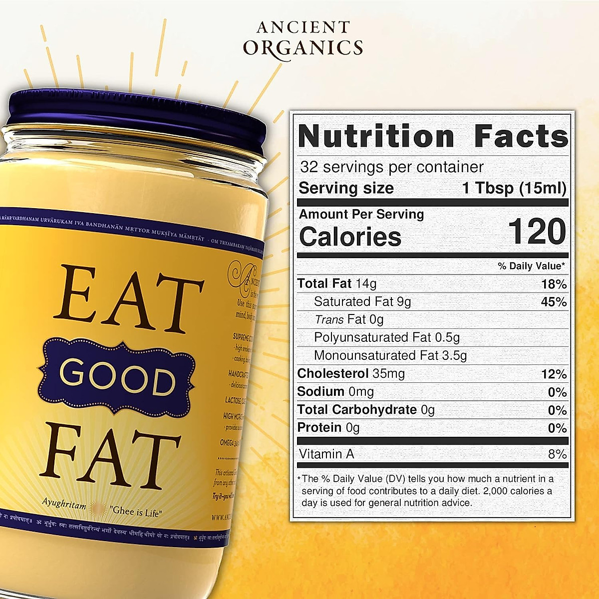 Ancient Organics Ghee, Organic Grass Fed Gluten Free Clarified Ghee Butter with Vitamins & Omegas, Lactose Reduced, 100% Certified Organic, Kosher, USDA Certified, Made in USA – 32 Fl Oz (Pack of 1)