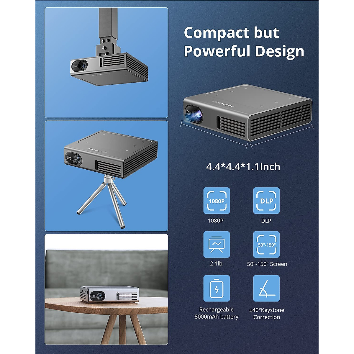 Mini Projector DLP - 5G WiFi Portable Pocket Projector with Tripod 1080P Movie Projector 150 ANSI Lumen, Built-in Android 7.1OS System