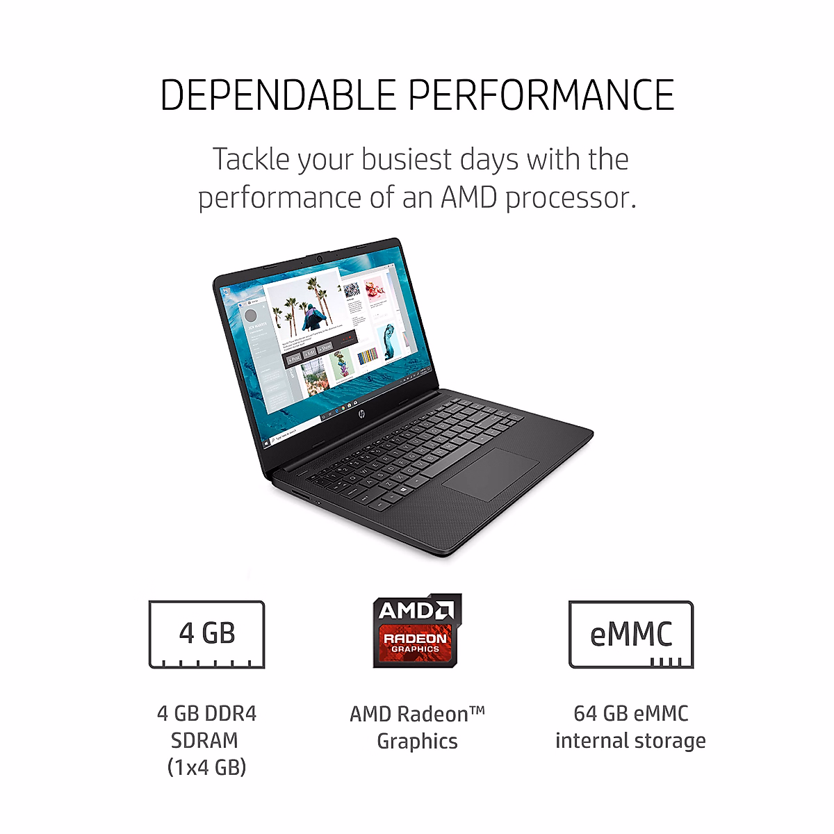 HP 14 Laptop, AMD 3020e, 4 GB RAM, 64 GB eMMC Storage, 14-inch HD Display, Windows 10 Home in S Mode, Long Battery Life, Microsoft 365, (14-fq0020nr, 2020)