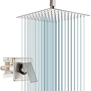 POP SANITARYWARE Ceiling Mount Shower Faucet Set Brushed Nickel Bathroom 10 Inch Rainfall Mixer Shower Head System Single Handle Shower Trim Kit with Rough-in Valve