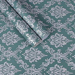 Teemall Self-Adhesive Wallpaper Light Green Damask Removable PVC Shelf Drawer Liner Home Decor 17.7 Inch by 9.8 Feet Sticker