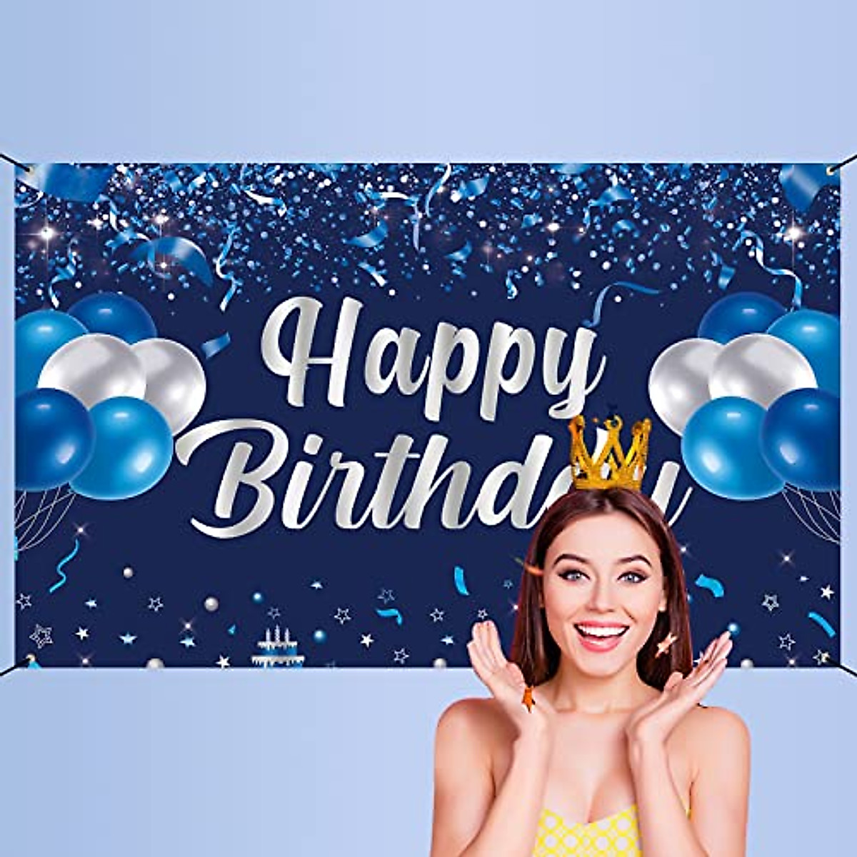 Trgowaul Happy Birthday Banner Backdrop, Blue and Silver Birthday Party Decorations, Birthday Party Supplies Men Women, Birthday Gifts Photo Background Banner Decor Girls Boys Kids Outdoor Indoor
